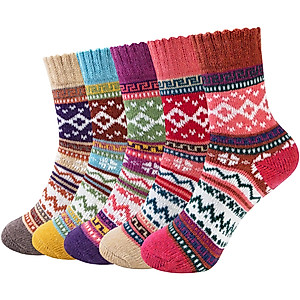 Loritta Pack of 5 Womens Winter Socks Warm Thick Knit Wool Soft Vintage Casual Crew Socks Gifts,F-multicolor Mixed Pattern