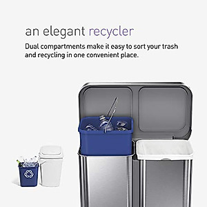 simplehuman 58 Liter / 15.3 Gallon Rectangular Hands-Free Dual Compartment Recycling Kitchen Step Trash Can, Black Stainless Steel