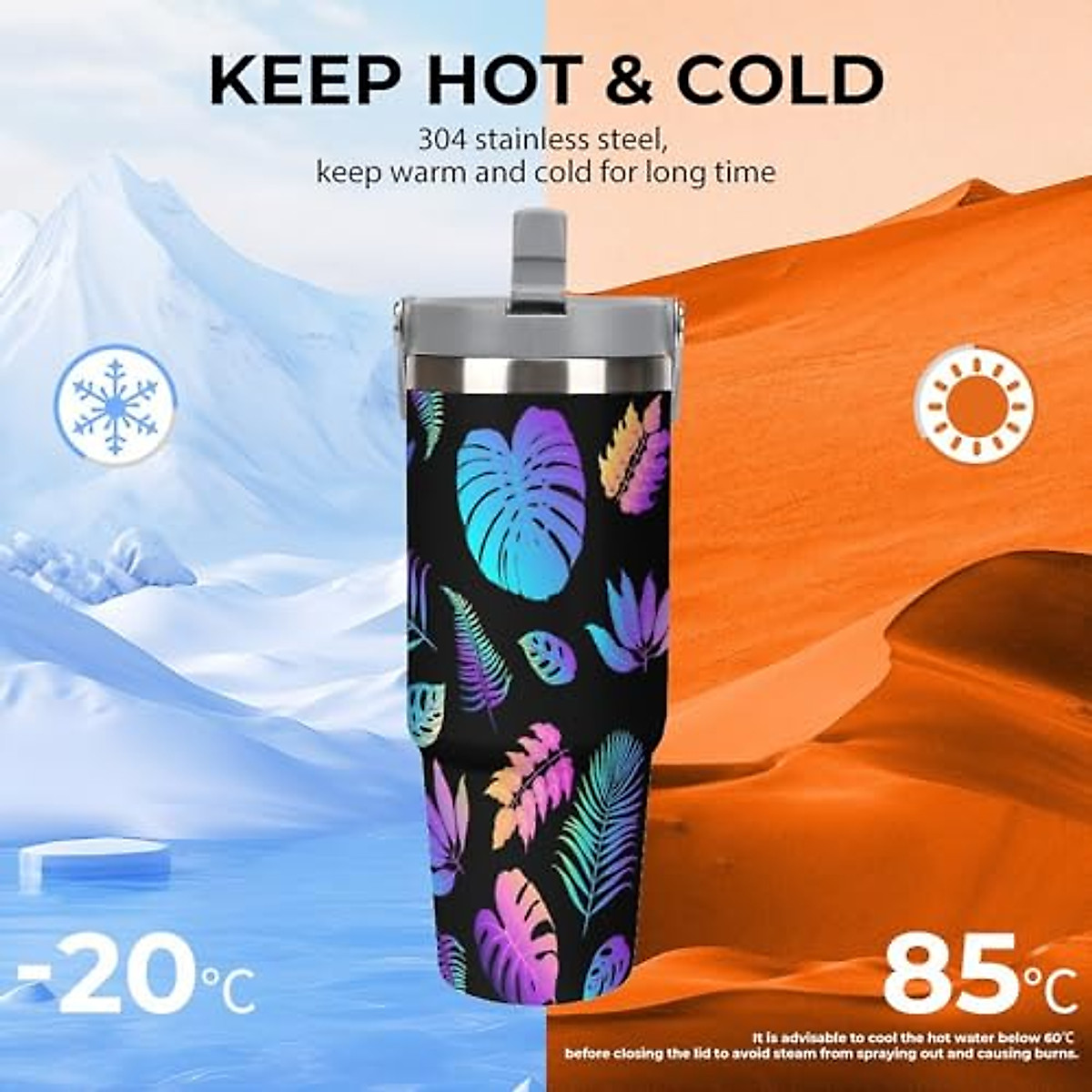 GemGam Stainless Steel Tumbler with Lid And Straw 30 Oz Top Handle Neon Tropical Palm Tree Leakproof Vacuum Insulated Water Bottle for Car Travel Purple Pink