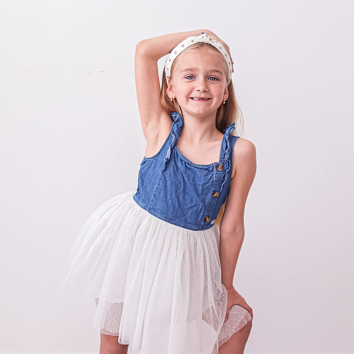 FROG SAC Star Studded White Knotted Headband, Velvet Hair Accessory with Gold Stars for Girls, No Slip Fashion Head Band