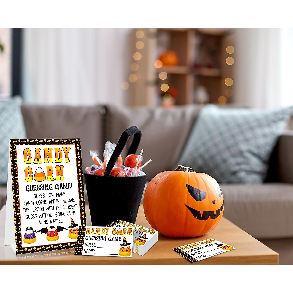 BIZIBAFF Guess How Many Candy Corns Halloween Party Game 50 Candies Guessing Game Cards Halloween Baby Shower Party Game for Adults Guess How Many Candies are in The Jar Halloween Party Supplies