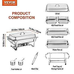 Mophorn Chafing Dish Buffet Set, 8 Qt 2 Pack, Stainless Chafer w/ 2 Full & 4 Half Size Pans, Rectangle Catering Warmer Server w/Lid Water Pan Folding Stand Fuel Tray Holder Clip