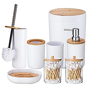 iMucci Bathroom Accessories Set with Trash Can,Toilet Brush,Toothbrush Holder, Lotion Soap Dispenser, Soap Dish,Toothbrush Cup,Qtip Holder(8Pcs White Bamboo Cover)