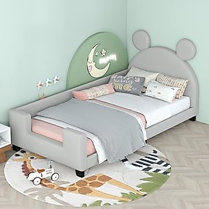 Merax Cute Kids Wood Twin Day Bed with Mouse Ears Headboard, Low Platform Bed Frame for Boys,Girls, No Box Spring Need (Twin, Grey)