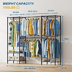 HEMTEN K1 Heavy Duty Clothes Rack Closet, 5 Tiers Adjustable Metal Freestanding Expandable Clothing Storage with 5 Hanger Rods, Easy to Assemble Wardrobe, 78" H x (69.7" - 90") L x 15.7" D, Black