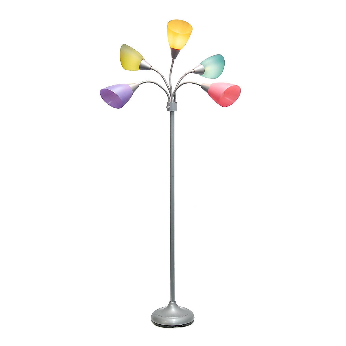 Simple Designs LF2006-SLM 67" Contemporary Multi Head Medusa 5 Light Adjustable Gooseneck Silver Floor Lamp with Fun Light Multicolored Shades for Kids Bedroom Playroom Living Room Office