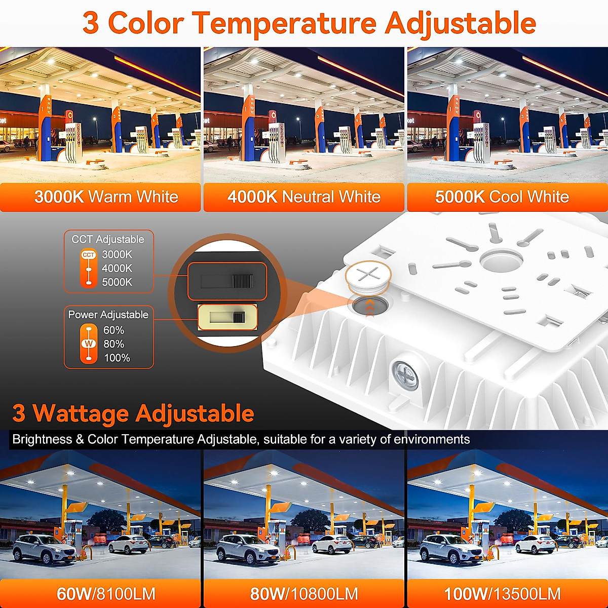 BBESTLED LED Canopy Light with Photocell, 60W 80W 100W Adjustable, UL&DLC Listed 13500LM Carport Lights 3000K/4000K/5000K, AC100-277V IP65 Waterproof Canopy Light for Gas Station, Dusk to Dawn