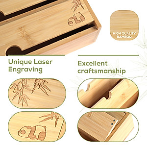 IOCREATIVE 2 in 1 Bamboo Wrap Dispenser for Aluminum Foil, Plastic Food Wrap, Wax Paper Roll Storage - Slide Cutter - Kitchen Organizer Holder Solution for Cabinet Drawer, Wall Mount - for 12" Rolls