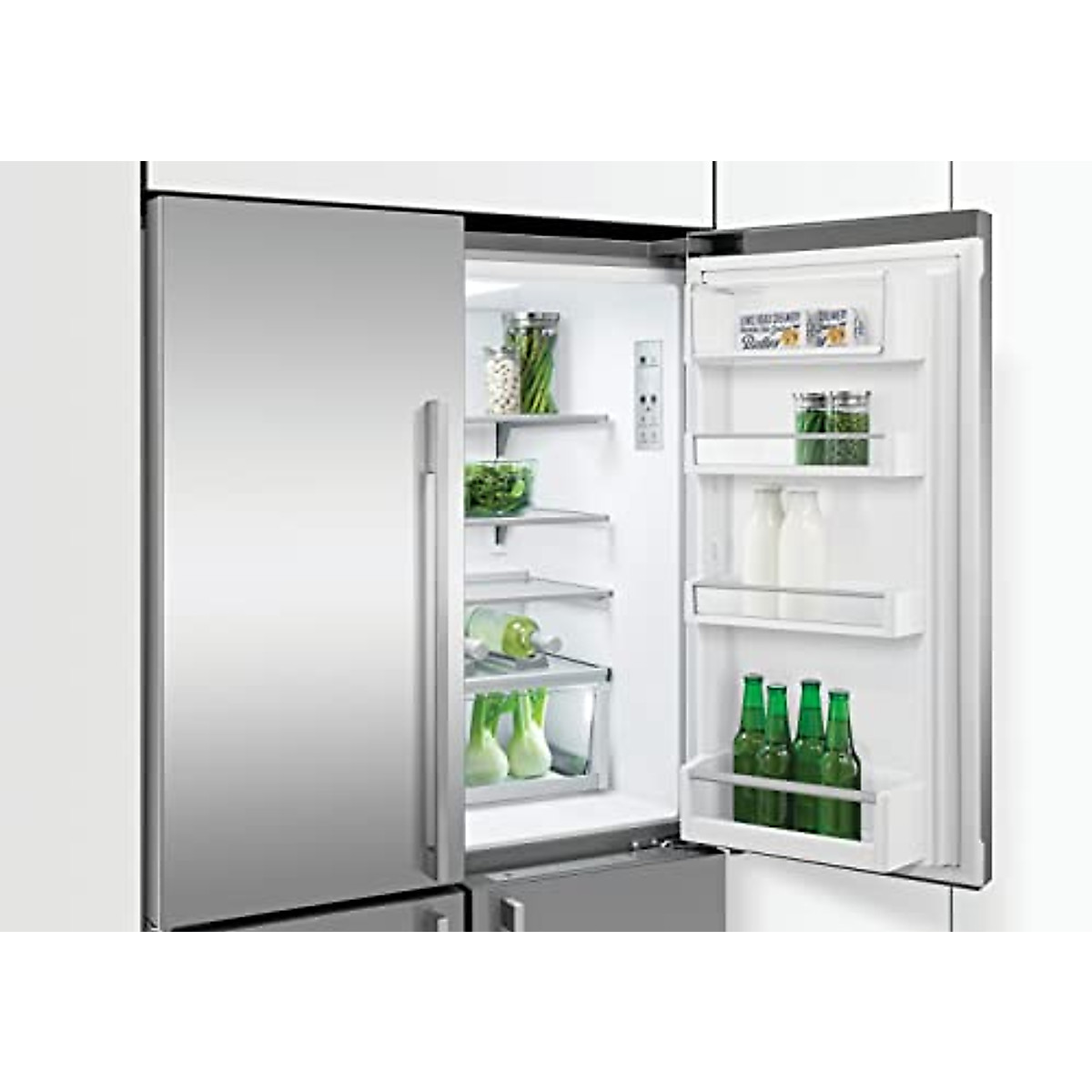 Fisher & Paykel Series 7 RF203QDUVX1 36 Inch Freestanding Counter Depth Quad Door Refrigerator Freezer with 18.9 Cu. Ft. Capacity, Ice Maker, Water Dispenser, Variable Temperature Zone, Touch Control