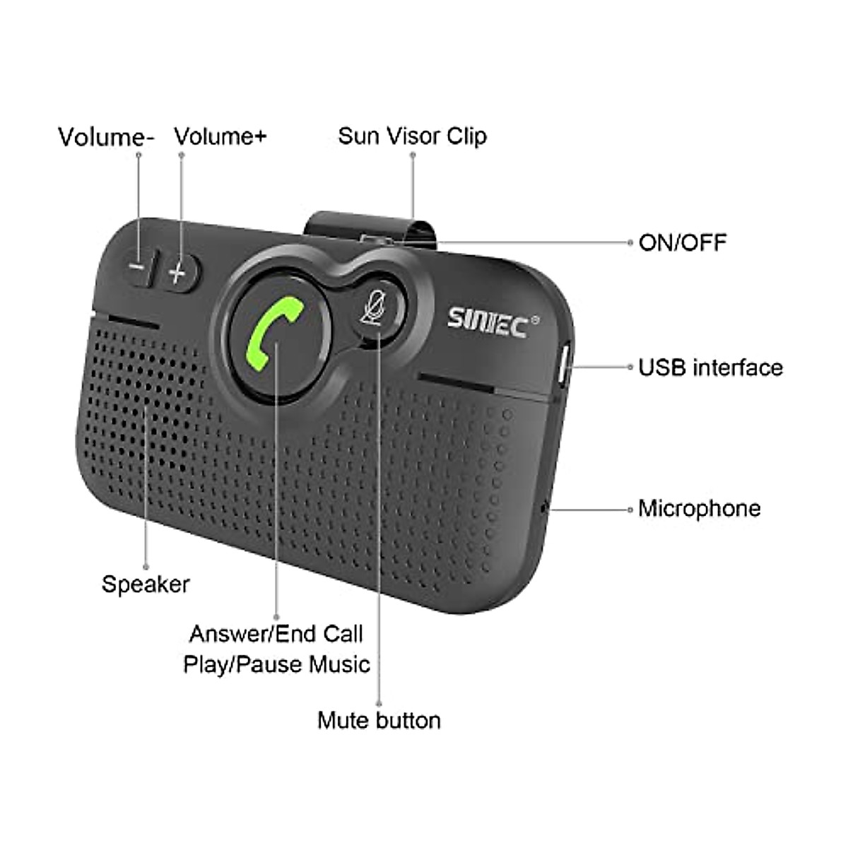SUNITEC Handsfree Bluetooth for Cell Phone, Bluetooth 5.0 Car Speaker Motion AUTO ON Off Support Siri Voice Assistant Bluetooth Car Kit Receiver Handsfree Speakerphone with Visor Clip - BC980P