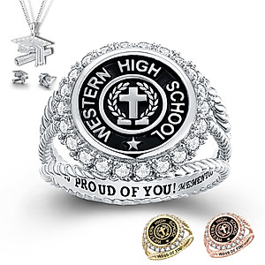 PJM Customized Sterling Silver Ladies High School and College Class Ring – Brilliant Signet Collection – Mementos Jewelry (Sterling Silver - Platinium)