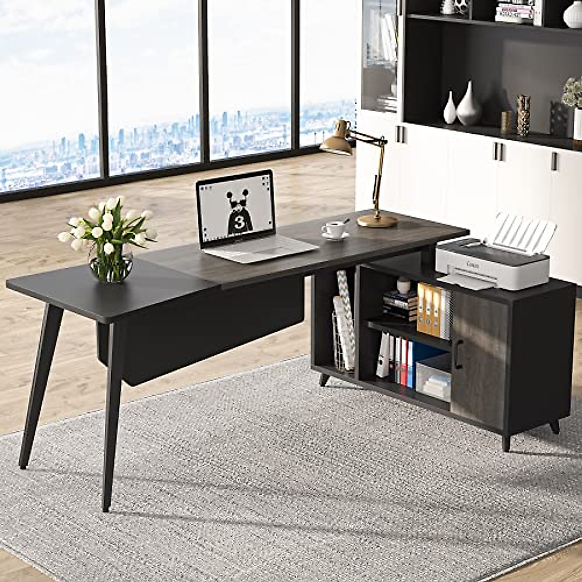Tribesigns L-Shaped Computer Desk with File Cabinet, 78.74 Inch Large Executive Office Desk with Shelves, Industrial Business Furniture Desk Workstation for Home Office (Grey)