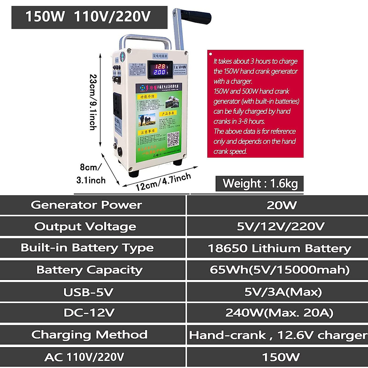 GEHPYYDS 150W/500W Crank Generator, Camping Hand Crank Generator for Mobile Phone, Portable Power Station with 110V/220V Outlets DC12V USB5V Emergency Power Supply,150W-220V