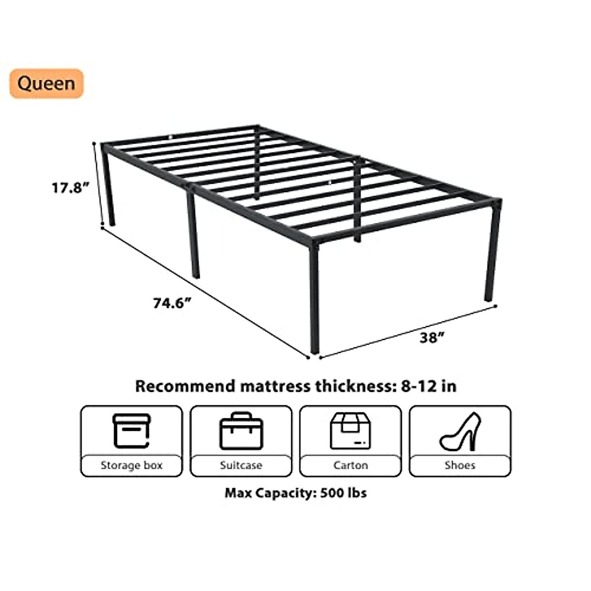 Capacmkseh 14 Inch Twin Size Metal Bed Frame, Heavy Duty Bed Frame Metal Platform Mattress Foundation Bed Frames with Storage, No Box Spring Needed, Under Bed Storage, Noise-Free