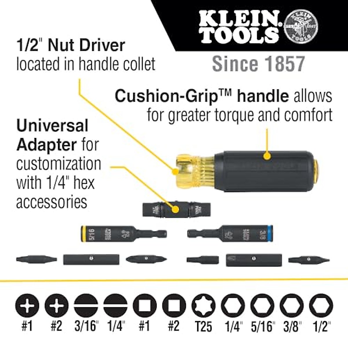 Klein Tools 32500HD KNECT Multi-Bit Screwdriver / Nut Driver, Impact Rated 11-in-1 Tool with Phillips, Slotted, Square and Torx Tips
