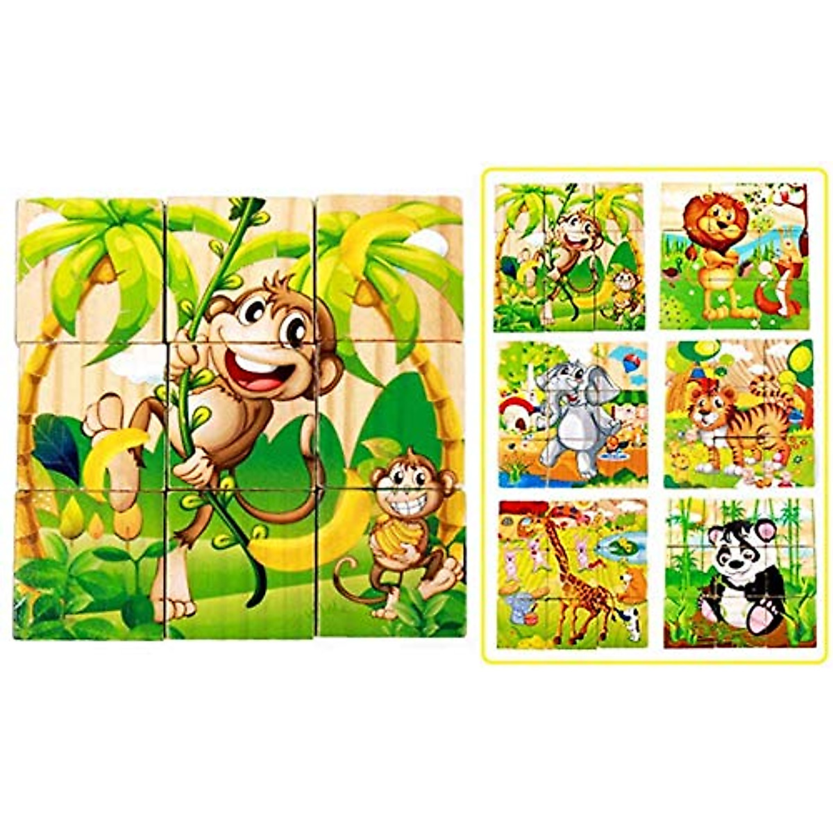 elecnewell Wooden Cube Puzzle with Storage Tray - 6 Puzzles in 1 (9 pcs)