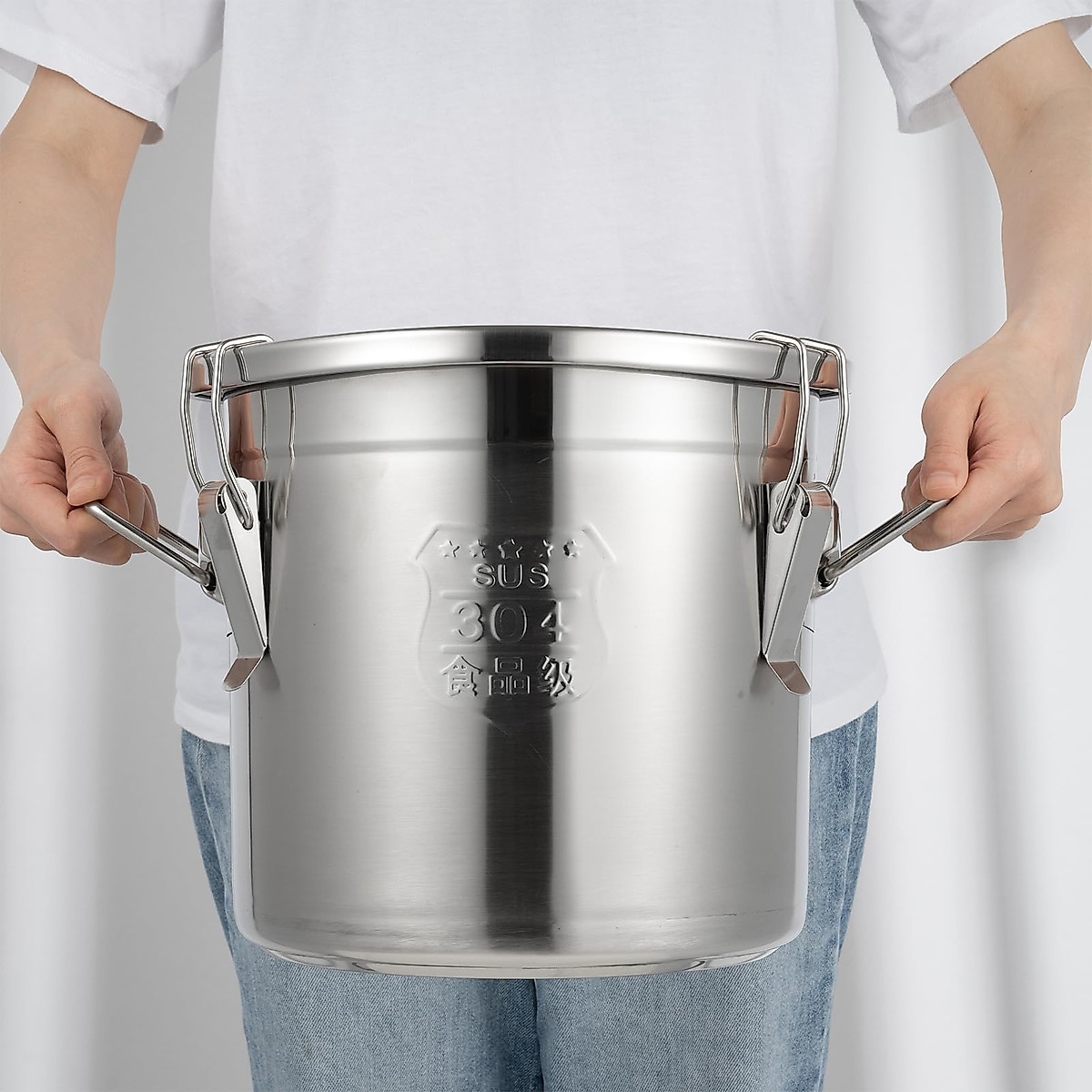 DYNAMI 304 Stainless Steel Airtight Canister, 3.2Gal Canisters Container with Lids and Sturdy Locking Clamp,Bucket Food Storage Containers Airtight for Rice, Flour, Grain, Coffee Bean(12L)