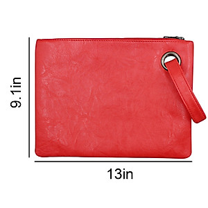 C.C-US Women Oversized Envelope Handbag Soft Leather Clutch Evening Bag Purse with Wrist Strap (Red)