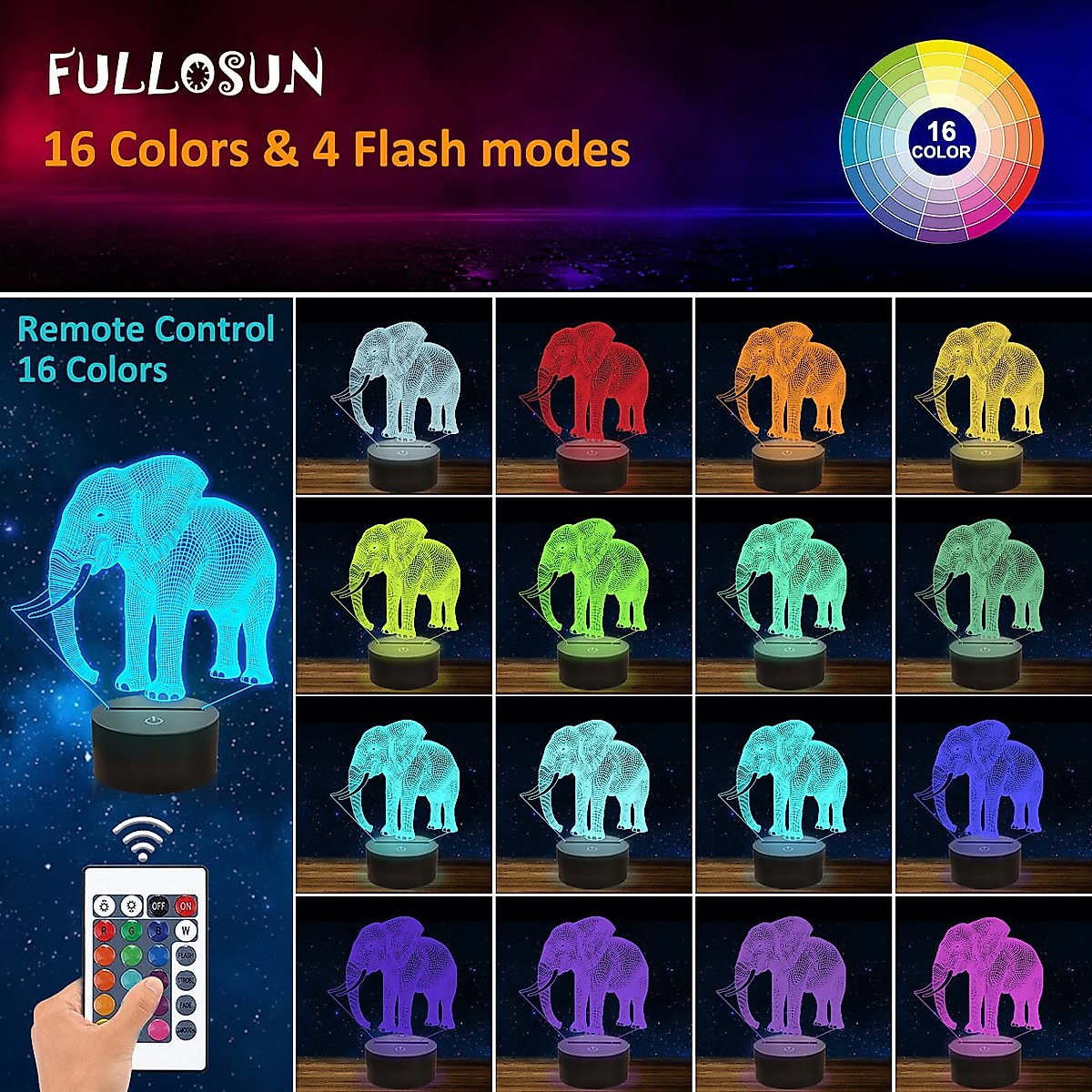 FULLOSUN Elephant Gifts, 3D Night Light for Kids 16 Colors Changing 3D Illusion lamp with Remote Control & Smart Touch, Child Xmas Birthday Gifts for Boys Age 2 3 4 5 6+ Year Old