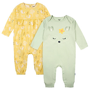 Gerber Baby Girls' 2-Pack Long Sleeve Jumpsuit, Green Yellow Fox, 6-9 Months