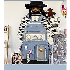 Kawaii Backpack Aesthetic Laptop Bag Large Capacity School Bag 17in Cute Bookbag Backpacks for Girls with Badge&Cute Pendant Blue2