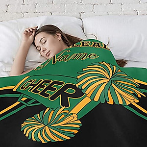 Cheerleader Green Gold& Black Personalized Blanket with Name Soft Fleece Throw Blankets for Men Women Birthday Wedding Gift 60X80 inch