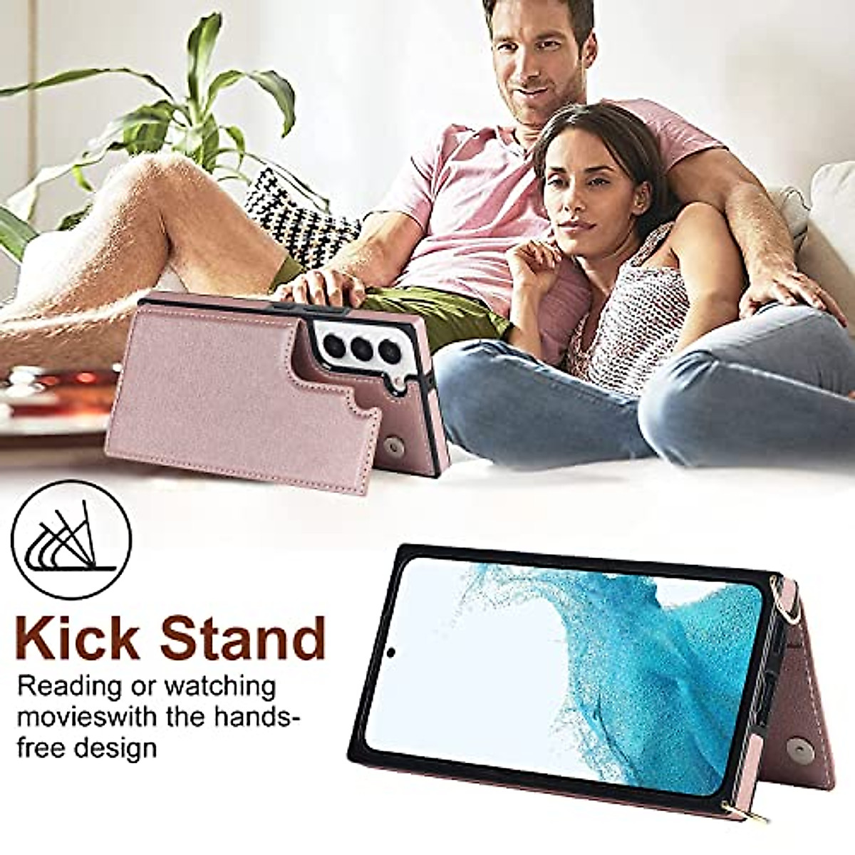 DEFBSC Compatible with Samsung Galaxy S22 Case, Crossbody Wallet Case, Adjustable Detachable Lanyard Neck Strap with Kickstand Leather Card Holder Protective Cover-Rose Gold