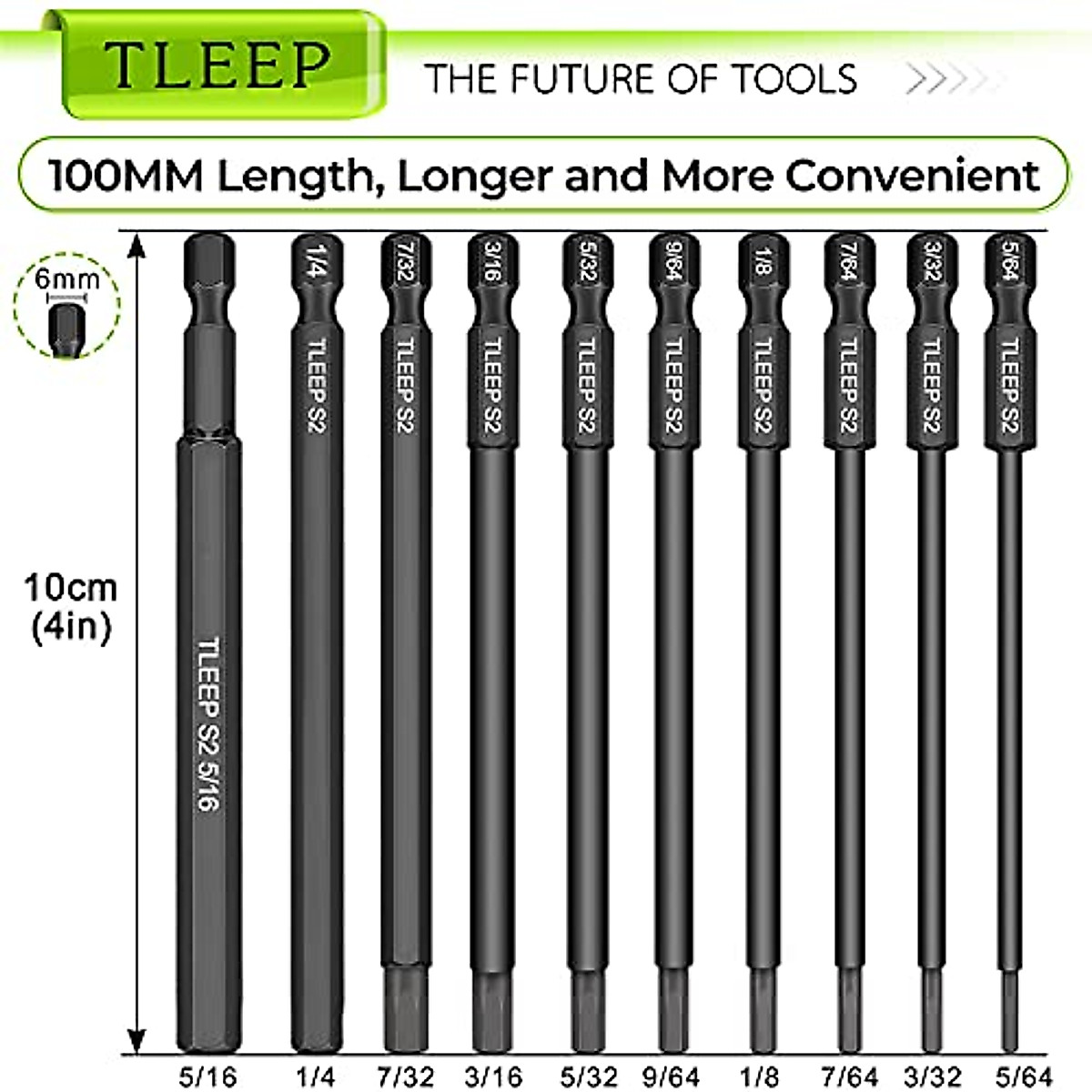 TLEEP 10 x Long 100MM 1/4 Inch Hex Head Allen Wrench Drill Bits, 5/16” to 5/64”, SAE, Magnetic Tips Screwdriver Socket Bit Set for Ikea Type Furniture (S2 Steel 5/16 inch to 5/64 inch)