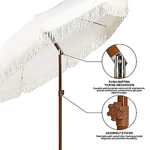 AMMSUN 7ft Patio Umbrella with Fringe Outdoor Tassel Umbrella UPF50+ Premium Steel Pole and Ribs Push Button Tilt,White Cream
