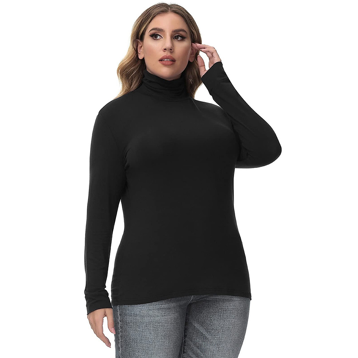 Hanna Nikole Plus Size Black Turtleneck for Women Fitted Ultra-Soft Pullover Slim Stretchy Mock Neck Shirt Tops 22W