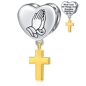 Praying Hands Charms with God All Things are Possible, 925 Sterling Silver Religious Cross Heart Pendant Faith Prayer Beads, fit Pandora Easter Bracelet/Mothers Day/Christmas