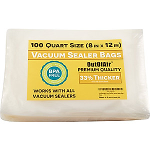 100 Vacuum Sealer Bags: Quart Size (8" x 12") by OutOfAir Works with FoodSaver & Other Machines - 33% Thicker BPA Free, Commercial Grade, 8 x 12 inches