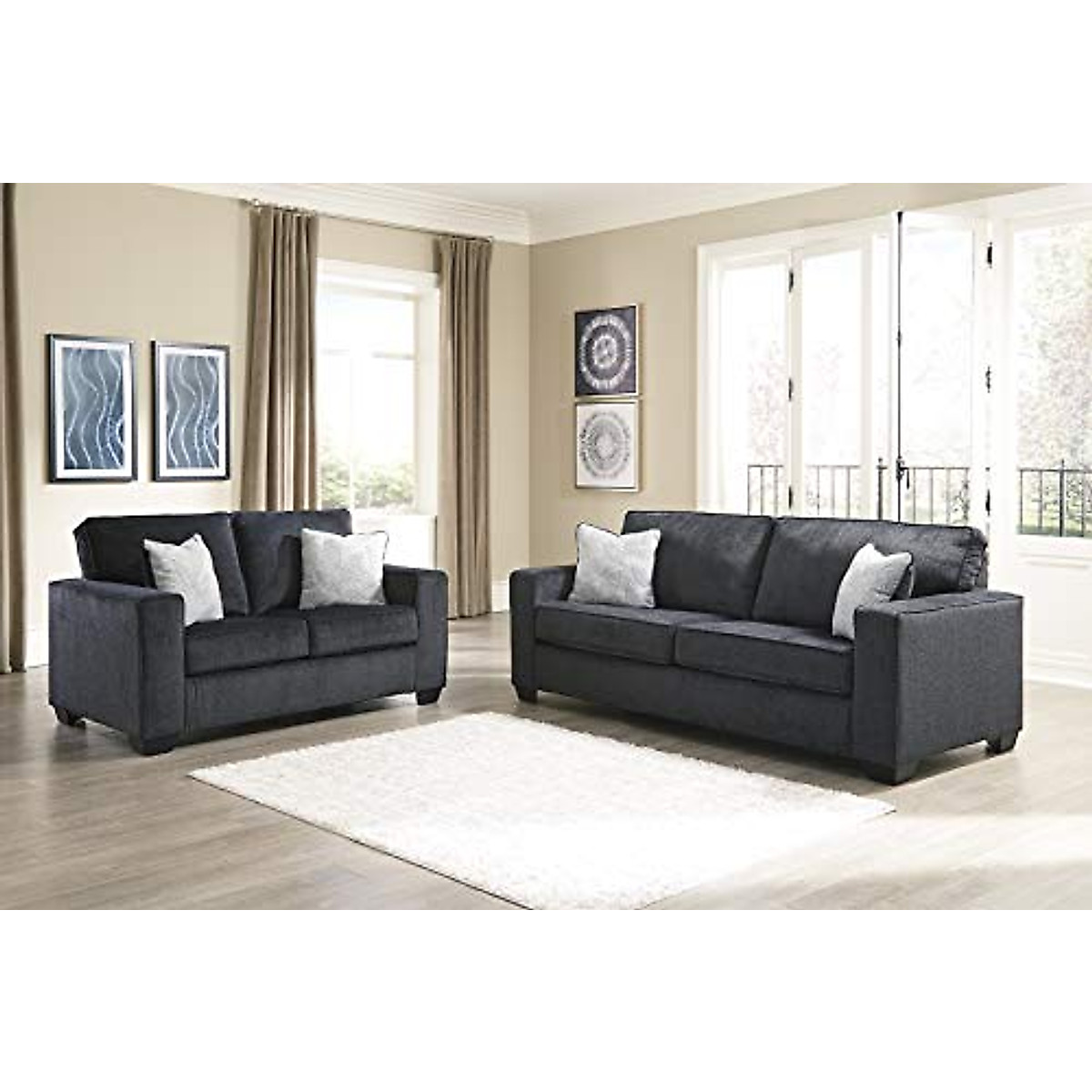 Signature Design by Ashley Altari Modern Loveseat with 2 Accent Pillows, Dark Gray