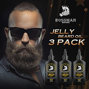 Bossman Beard Oil 4oz, Thicker consistency Jelly - Made in USA - Longer Lasting - Bigger Bottle - Natural Ingredients - Non Greasy - 3 Pack (Gold)