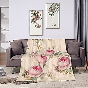 Ruoruo Roses Plants Retro Flowers Red Pink Pattern Fleece Blanket Throw Lightweight Blanket Super Soft Cozy Bed Warm Blanket for Living Room/Bedroom All Season,Gift,60"x50"