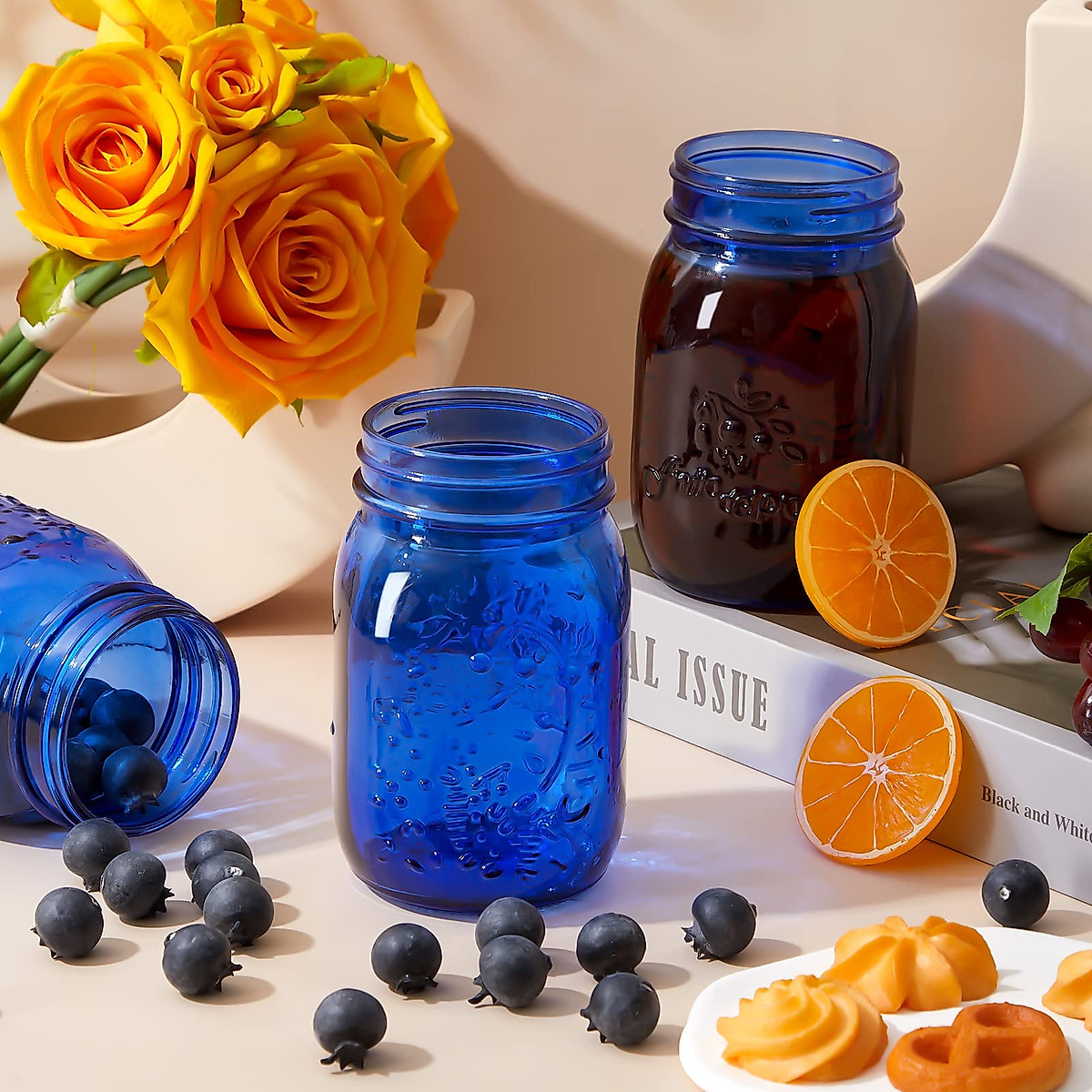 12 Pieces 32 oz Colored Mason Jars Glass Mason Jars with Lids Glass Wide Mouth Canning Jar Mason Jars NOT Allowed Dishwasher (Dark Blue)