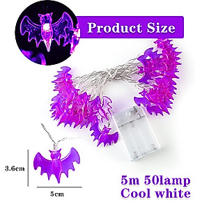 ZOOs Halloween String Lights 50 LED 16.4Ft Waterproof Purple Bat String Lights,8 Modes Battery Operated Party Decor for Garden Home Festival Decorations Trick or Treat