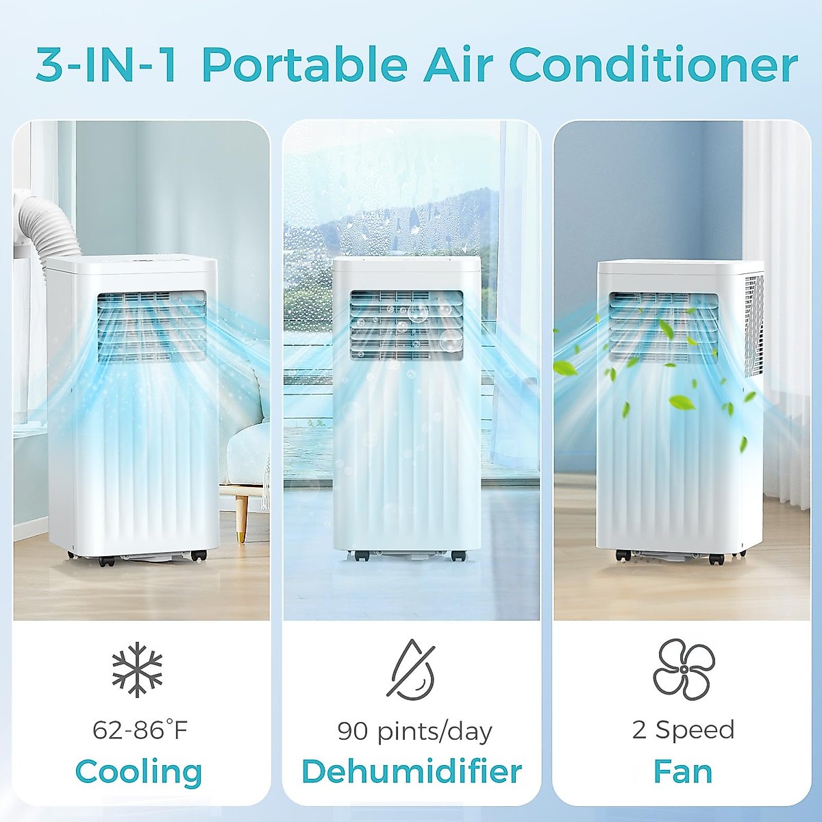 COWSAR 8,000 BTU Portable Air Conditioners with Remote, Portable AC Unit Cools Up to 350 Sq.Ft, Built-in Cool, Dehumidifier, Fan, Sleep Modes, Room Air Conditioners with LED Display/Swivel Wheels
