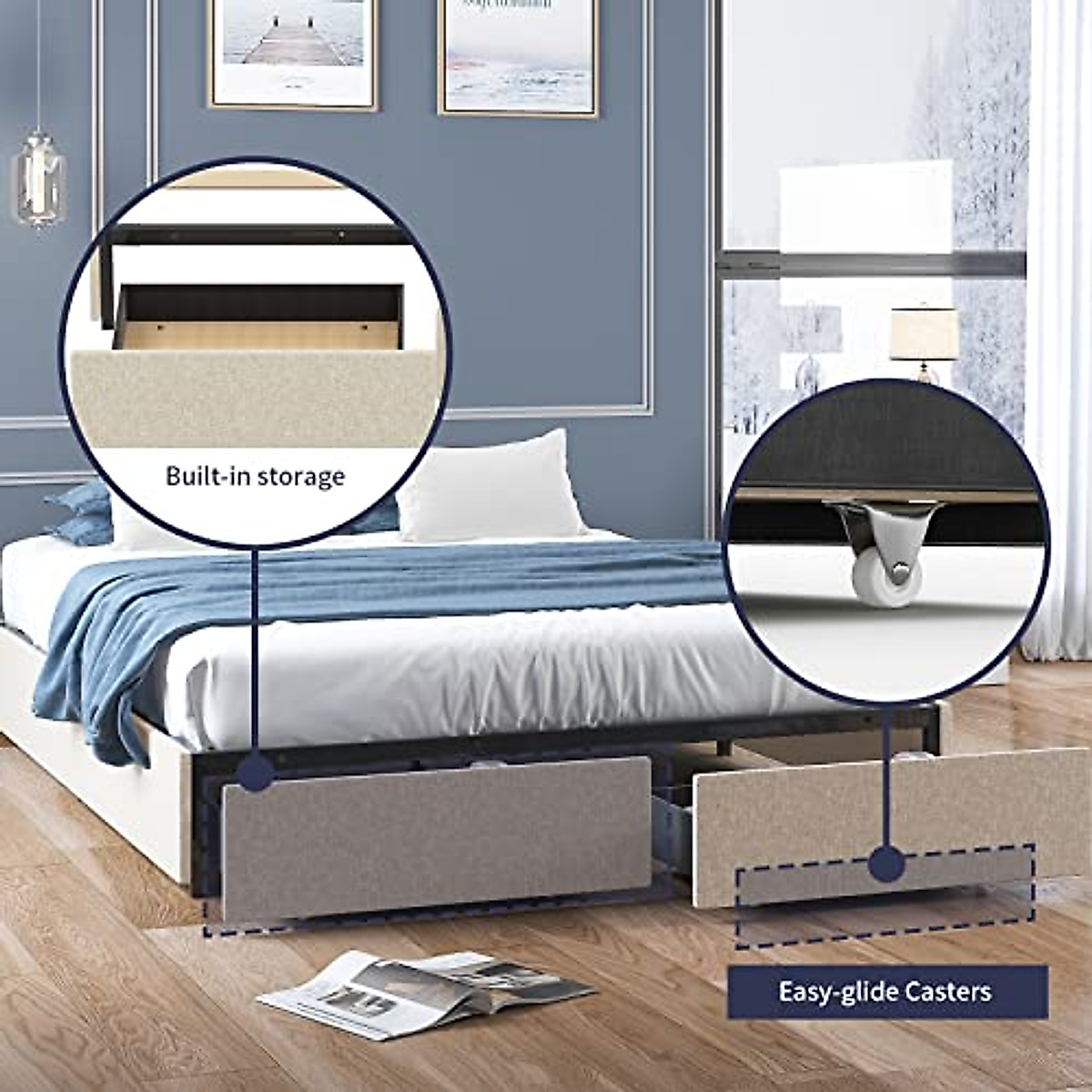 ijuicy Cal King Bed Frame with Storage Drawers.Upholstered Platform Bed Without Headboard,Wood Slat Support,Footboard with Drawer.No Box Spring Needed/Easy Assembly(Cal King,Beige)
