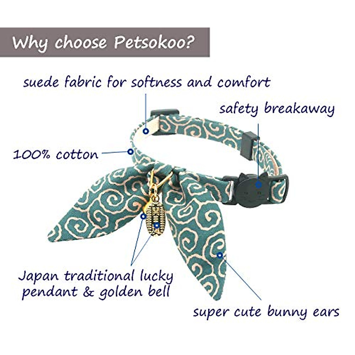 PetSoKoo Cute Bunny Ears Bowtie Cat Collar with Bell, Ancient Arabesque Print, Japan Lucky ’開三運’ Charm. Safety Breakaway, Soft, for Girl Boy Male Female Cats,Light Blue