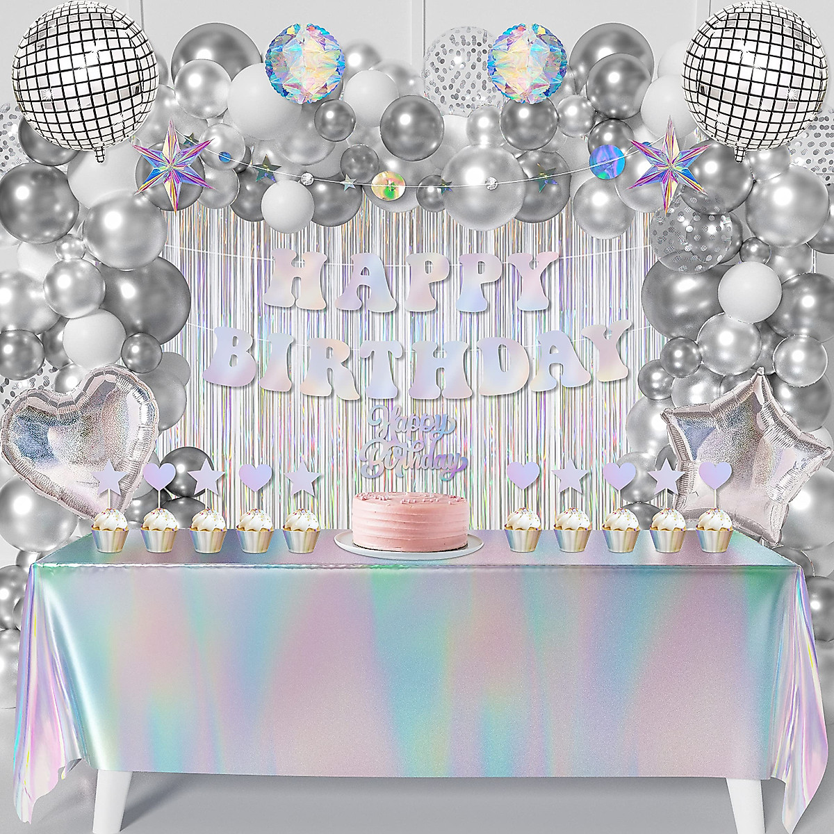 Iridescent Birthday Party Decoration Set 78Pcs, Disco Groovy 60s 70s Party Supplies Silver Party Decors include Disco Ball Banner Balloon Garland Arch Tablecloth Fringe Curtain Cake Topper Set
