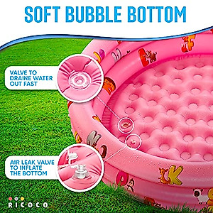 Inflatable Kiddie Pool for Kids - Kids Pools for Backyard - Swimming Pool for Kids, Toddlers, Baby - 3 Ring Pools for Inside and Outside - Durable Material with Soft Blow Up Bubble Botton, Pink
