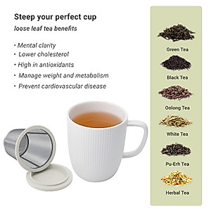 emoi 16 OZ Large Porcelain Tea Cup with Infuser and Lid, Tea Mug with Tea Strainers for Loose Tea, Ideal Tea Gifts for Tea lovers to Steep a Perfect Cup of Tea at Home or Office-Beige White