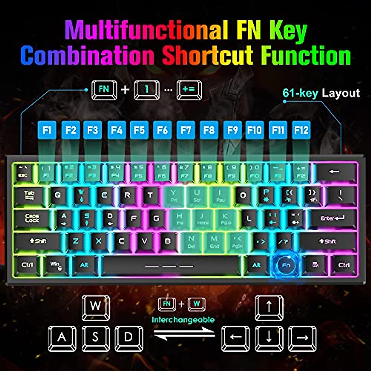 ZIYOU LANG T61 Wireless Gaming Keyboard and Mouse Combo with Ergonomic 61 Key Rainbow LED Backlight Anti-ghosting Mechanical Feel Rechargeable 4000mAh Battery Mouse Pad for PC MAC Gamer Typists(Black)