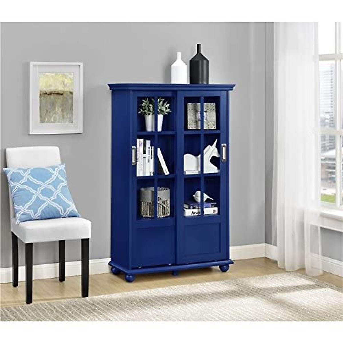 Ameriwood Home Aaron Lane 4 tier Bookcase with Sliding Glass Doors, Blue