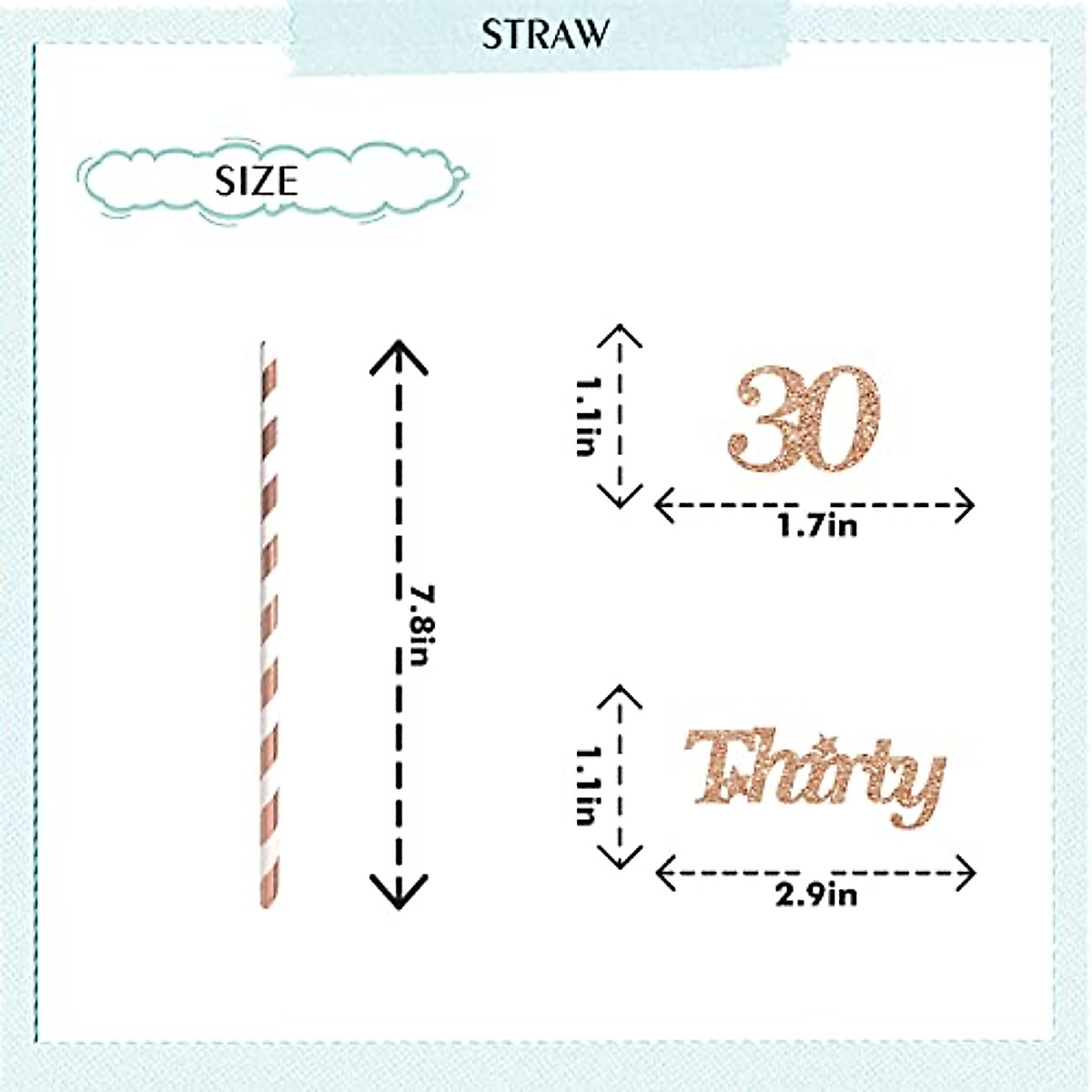 Happy 30th Birthday Straws, Rose Gold Glitter 30 Years Old Paper Straws, 30th Anniversary/Birthday Party Drinking Decorative Straws - 24pcs