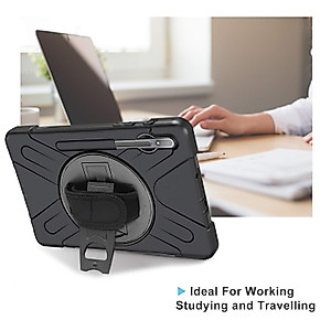 ProCase Galaxy Tab S8 Plus 2022 / S7 Plus 12.4” 2020 Case with S Pen Holder (Model SM-X800/X806/T970/T975), Rugged Heavy Duty Shockproof Case with Hand Strap Rotating Kickstand Protective Cover–Black