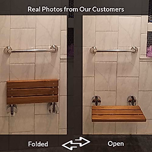 20" Teak Wood Modern Folding Shower Seat Bench, Clear Coated for Protection and Premium Smooth Finish, Medical Wall Mount Foldable Fold Up Chair Bathroom Stool Foldaway Shower Seating