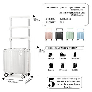 Somago Aluminum Frame 18" Carry On Luggage Wide Handle Suitcase Built-In Double TSA Lock Hardside Lightweight PC Travel Suitcase with Spinner Wheels, White