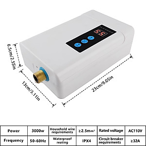 Tankless Electric Water Heater 110V 3000W Under Sink On Demand Instant Hot Water Heater for Kitchen Bathroom Washing (White)